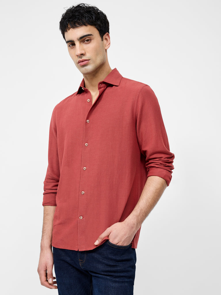 Long Sleeve Linen Blend Shirt Brick Red | French Connection UK