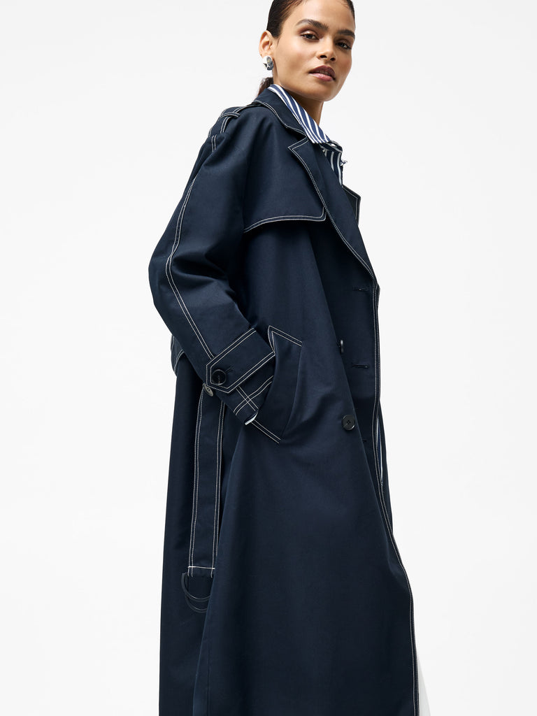 Afton Contrast Stitch Belted Trench Coat Navy | French Connection UK
