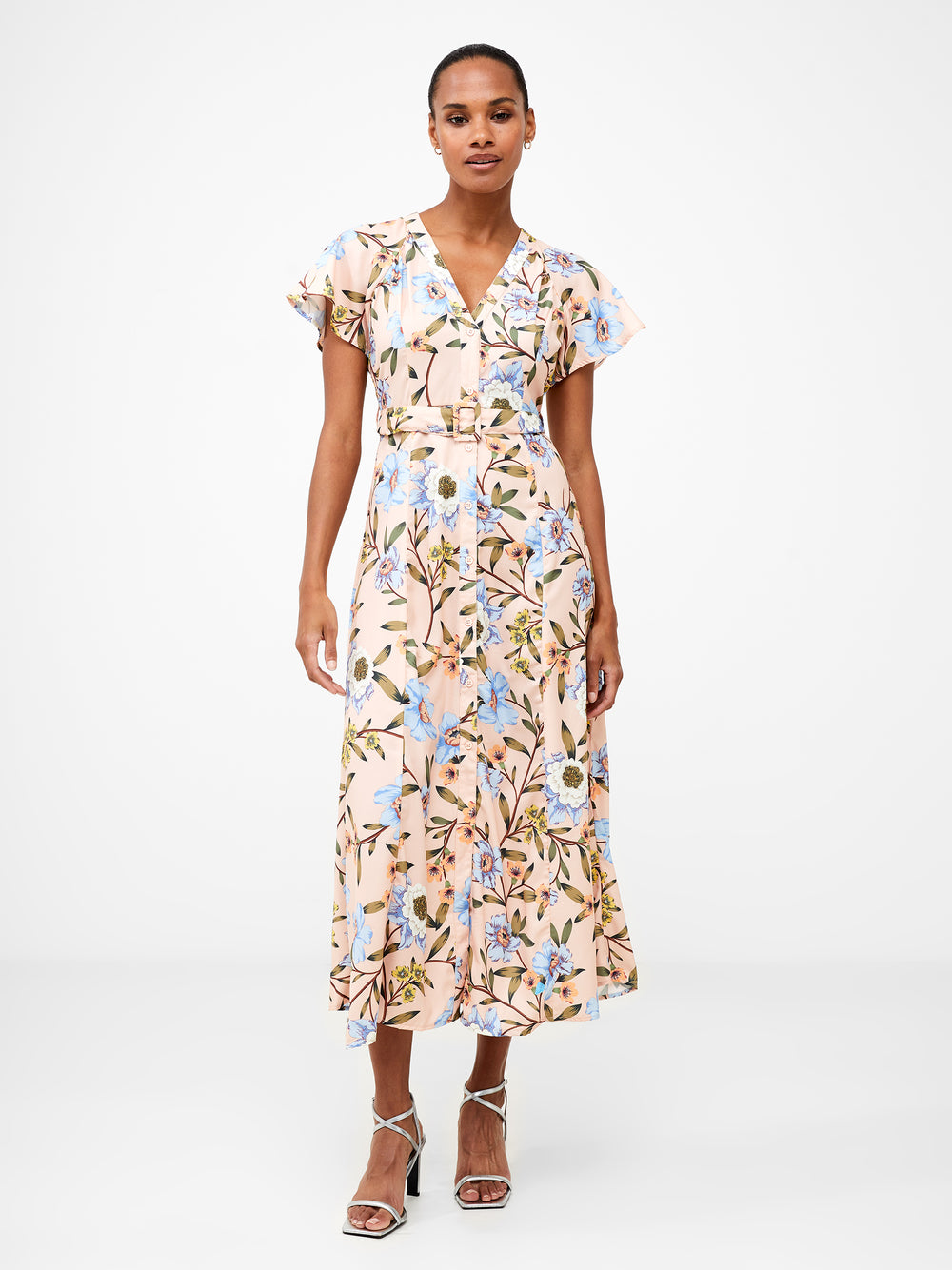 Floral Button-Through Belted Midi Dress Blush Pink | French Connection UK