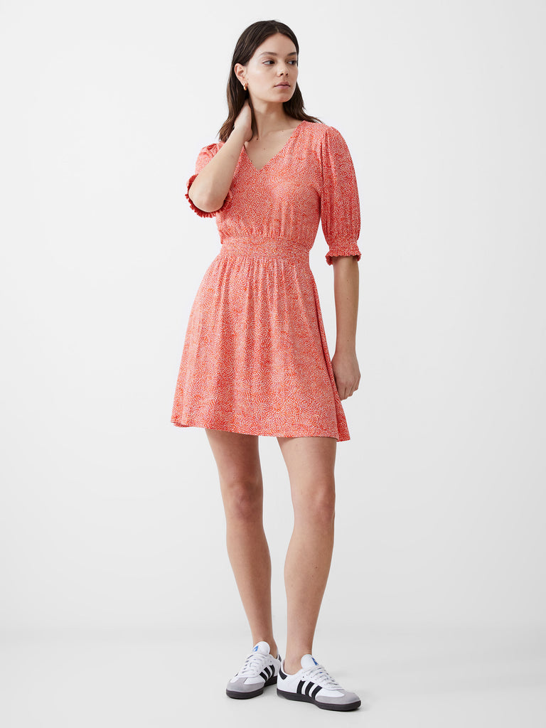 Bernice Shirred Mini Dress Mandarin/Sea pink/Ivory | French Connection UK