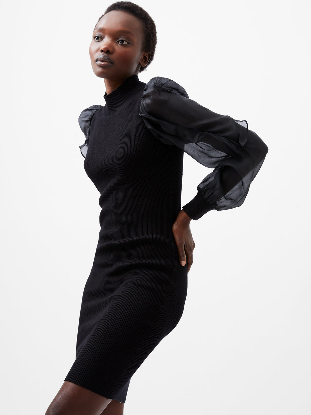 Krista Organza Puff Sleeve Dress Blackout | French Connection UK