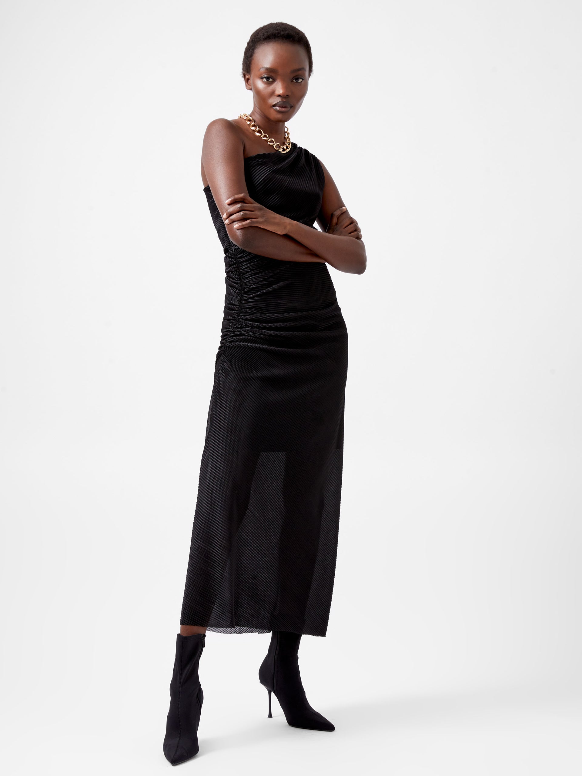 Talitha Plisse One Shoulder Maxi Dress Blackout | French Connection UK
