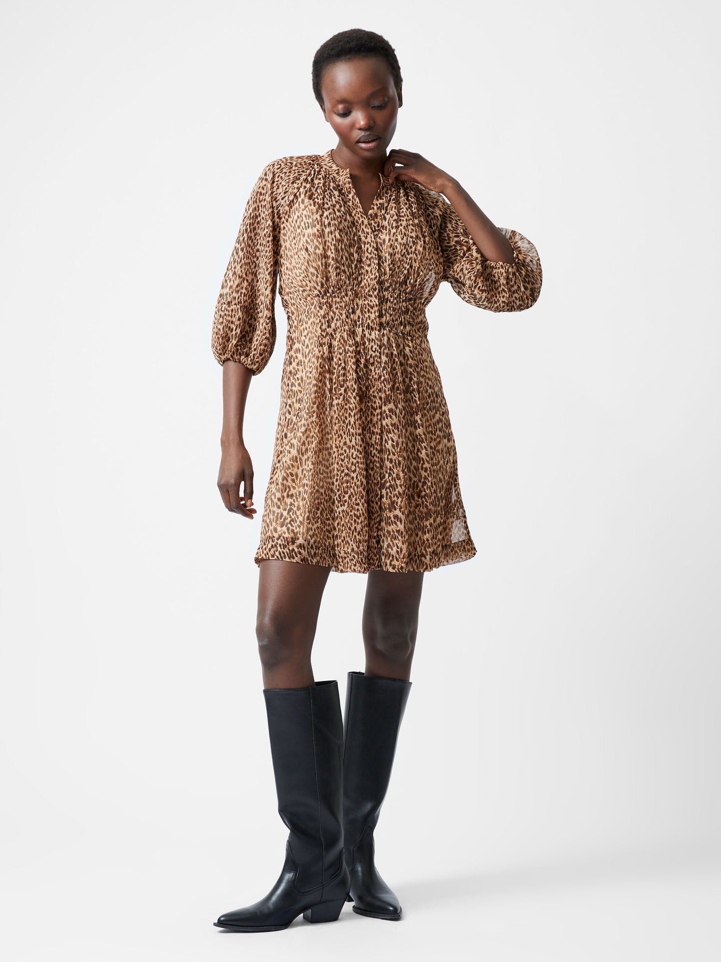 Leopard Print Pleat Waist Mini Dress Tan | French Connection UK