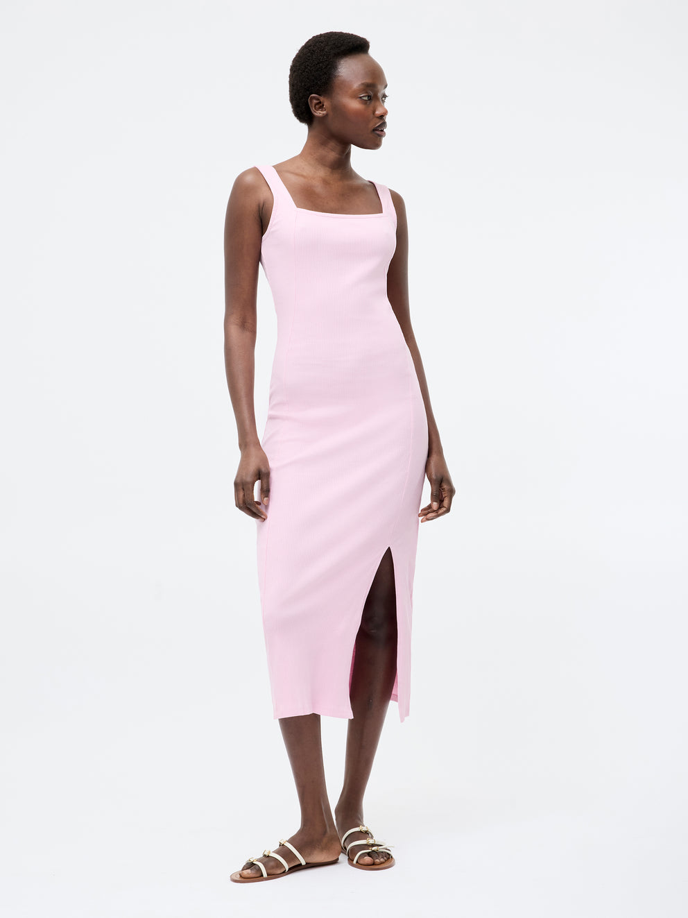 Square Neck Ribbed Bodycon Midi Dress Strawberry Shake Pink | French ...