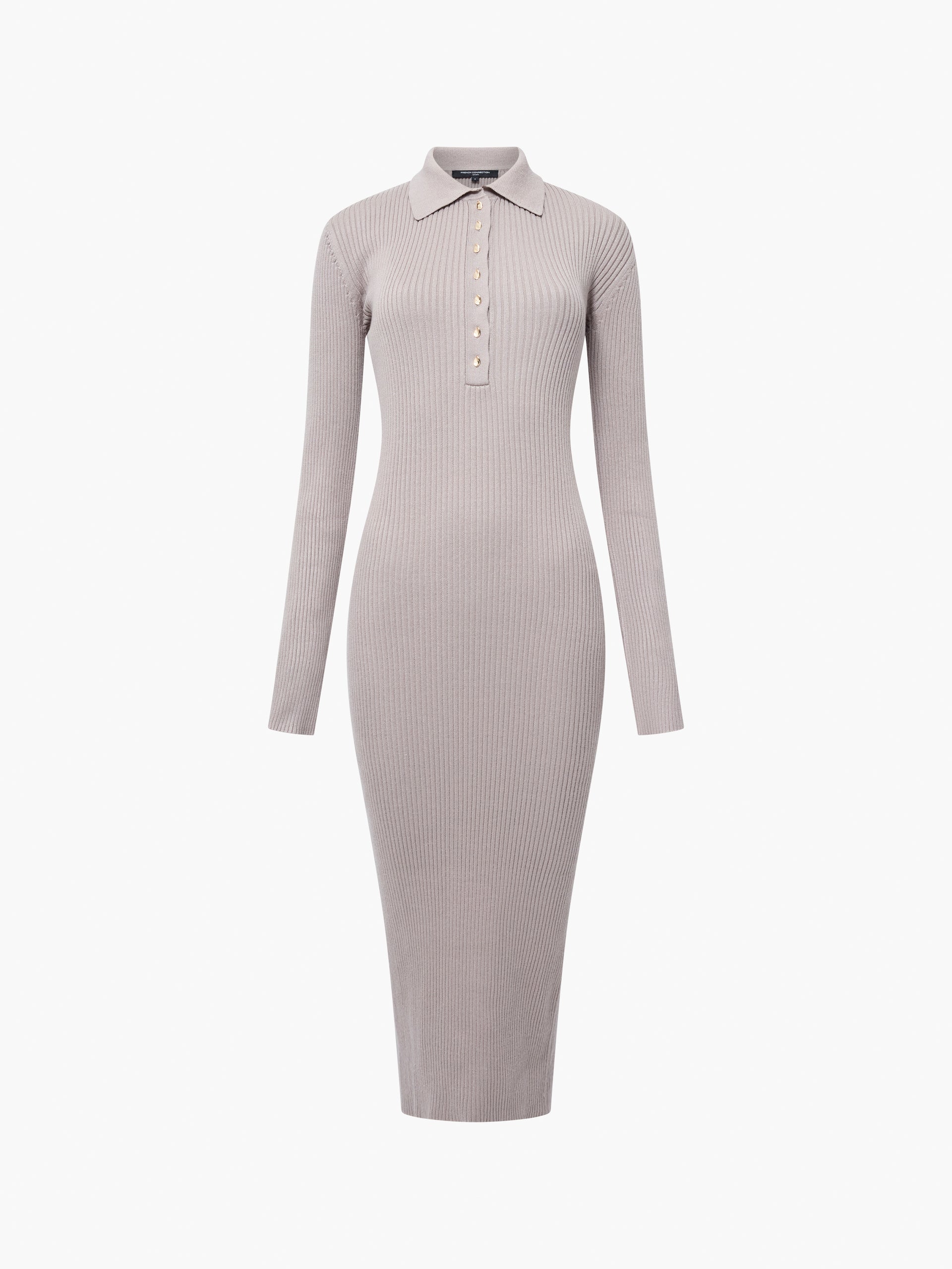 Mari Knit Long Sleeve Collared Midi Dress Black Taupe Neutral | French ...