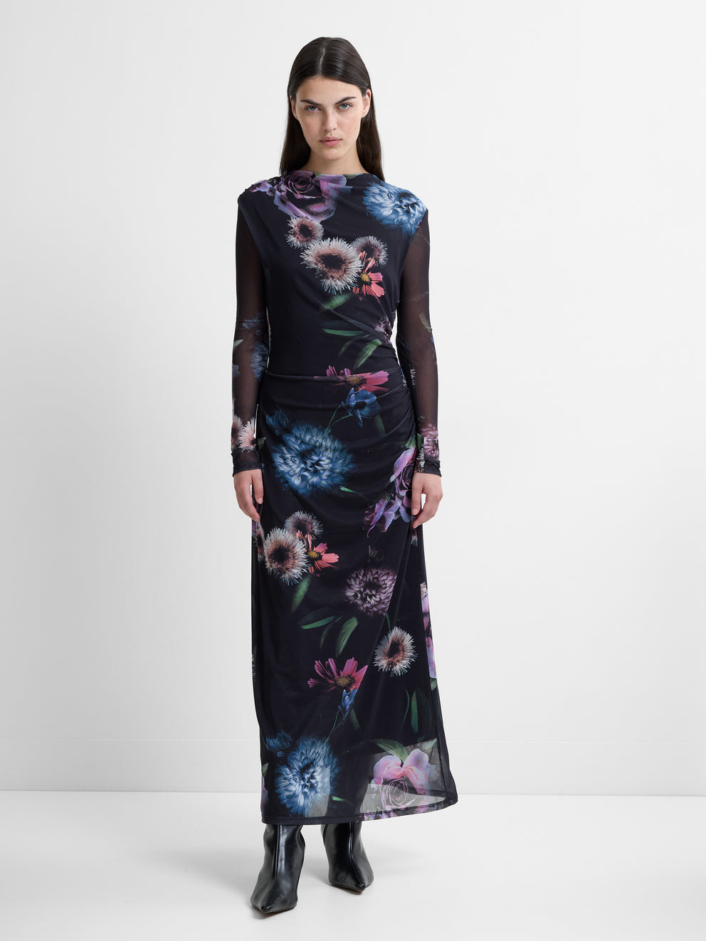 Tarissa Mesh Rose Long Sleeve Dress Black Multicoloured | French ...