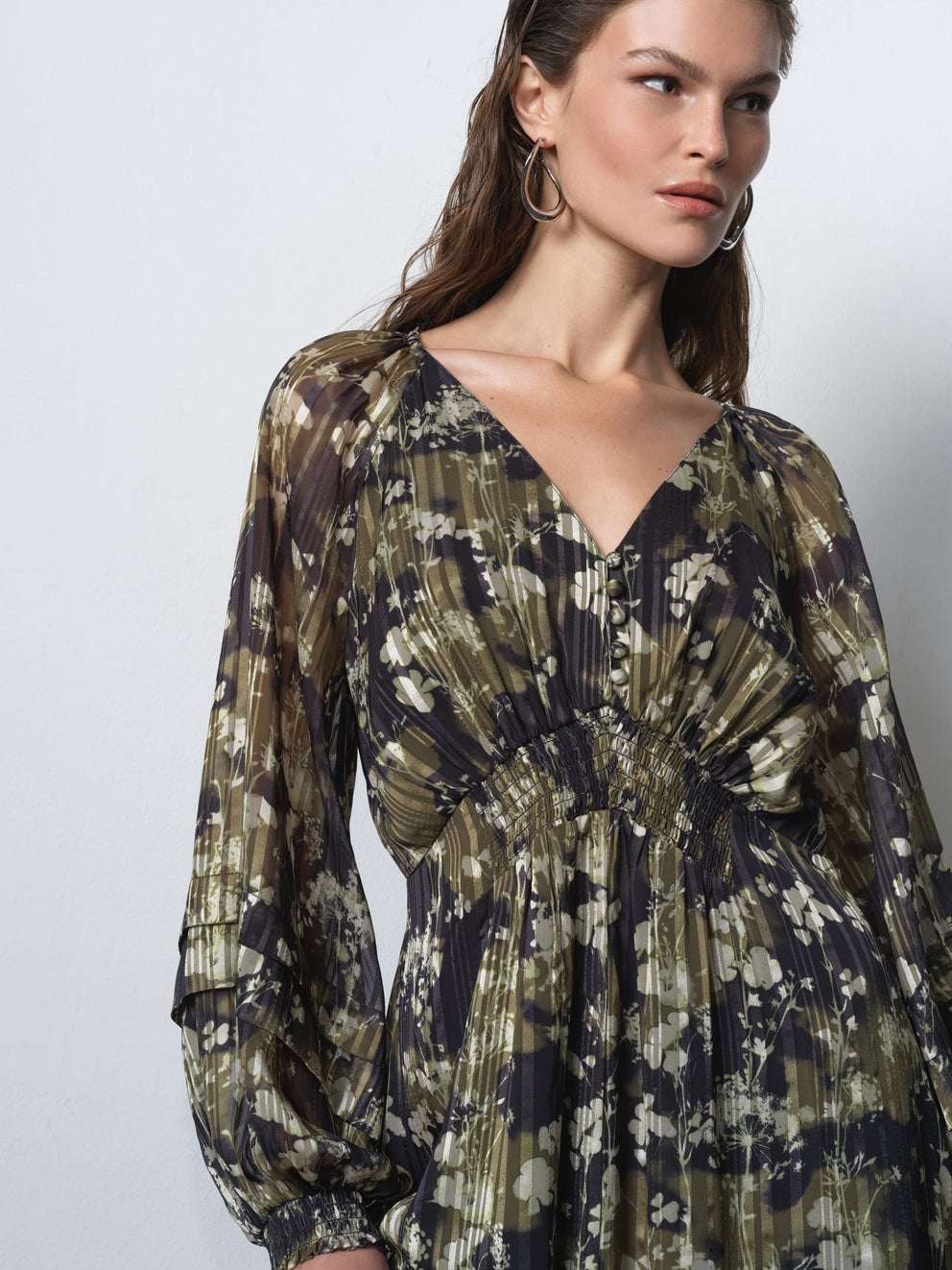 Lizzy Madeline Crepe Puff Sleeve Dress Green Multi Floral Print | French Connection UK