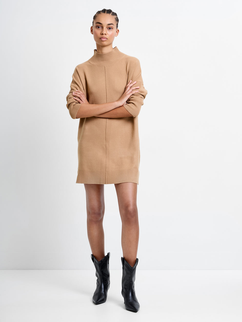 Babysoft Knit Roll Neck Seam Dress Camel Tan Brown | French Connection UK