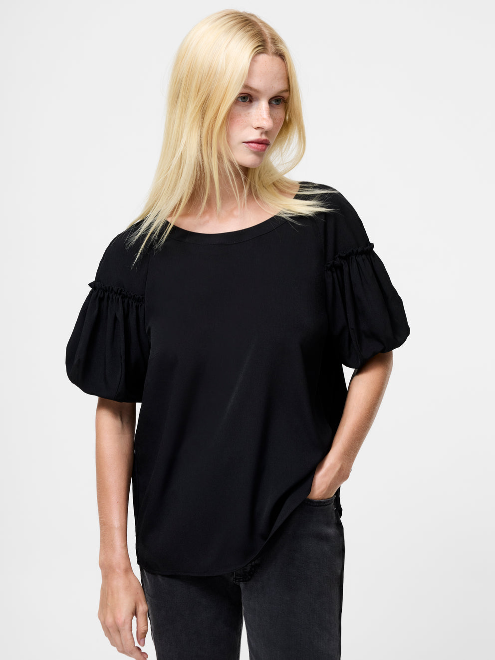 Crepe Light Puff Sleeve Top Black | French Connection UK