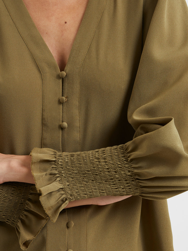 Crepe V-Neck Smocked Sleeve Blouse Nutria | French Connection UK Crepe V-Neck Smocked Sleeve Blouse Nutria | French Connection UK
