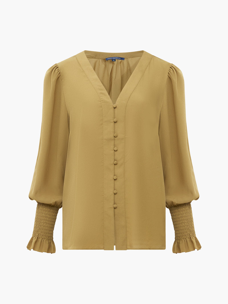Crepe V-Neck Smocked Sleeve Blouse Nutria | French Connection UK Crepe V-Neck Smocked Sleeve Blouse Nutria | French Connection UK
