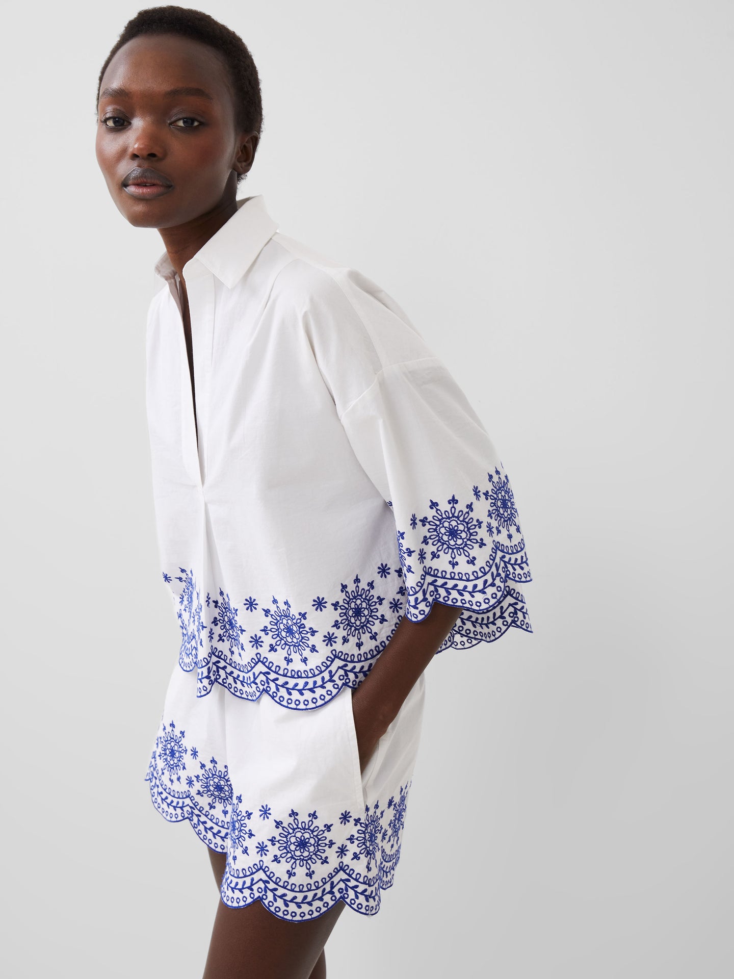 Alissa Cotton Embroidered Popover Shirt Linen White | French Connection UK
