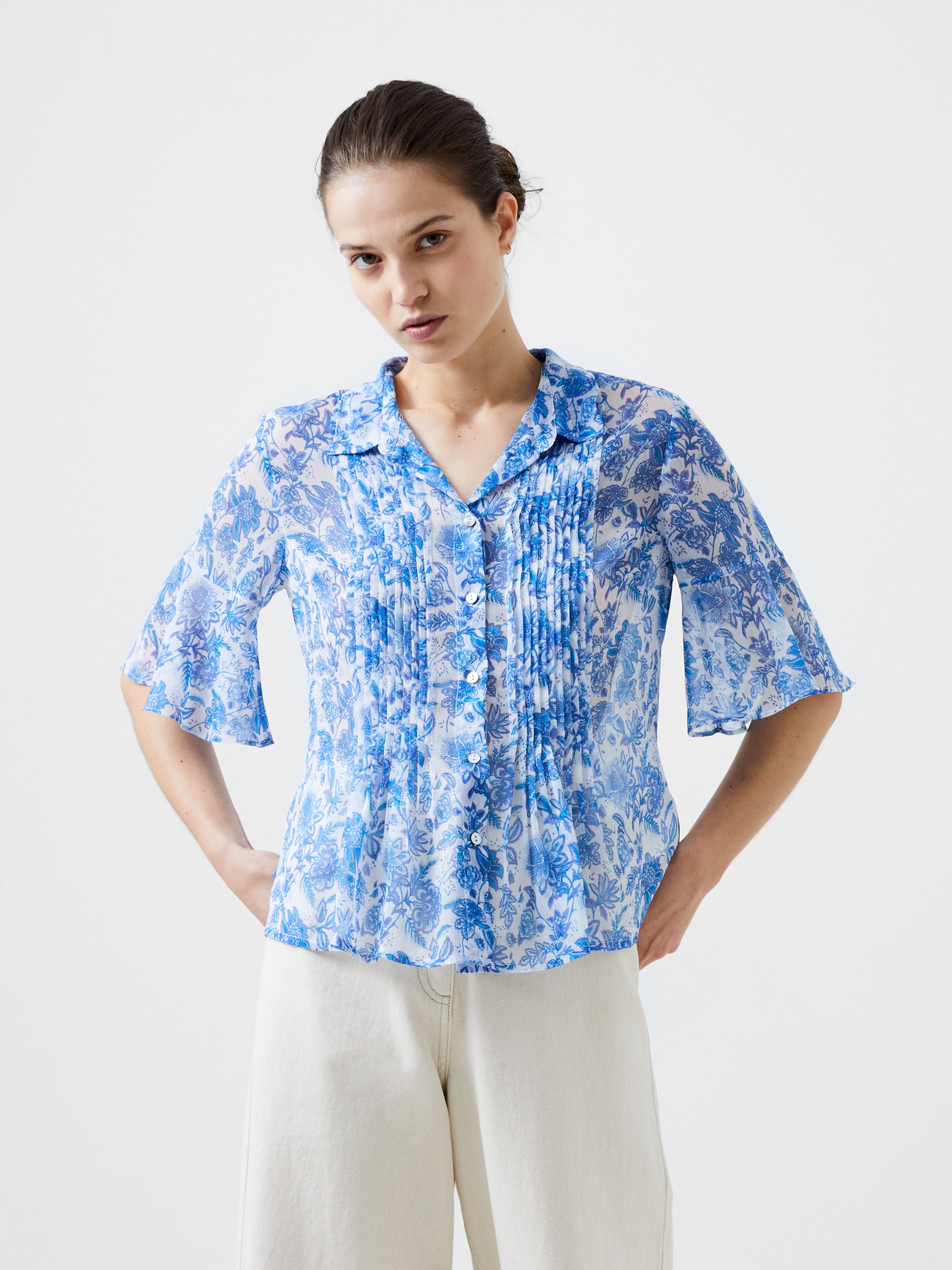 Cosette Pintuck Top White/Baja Blue | French Connection UK