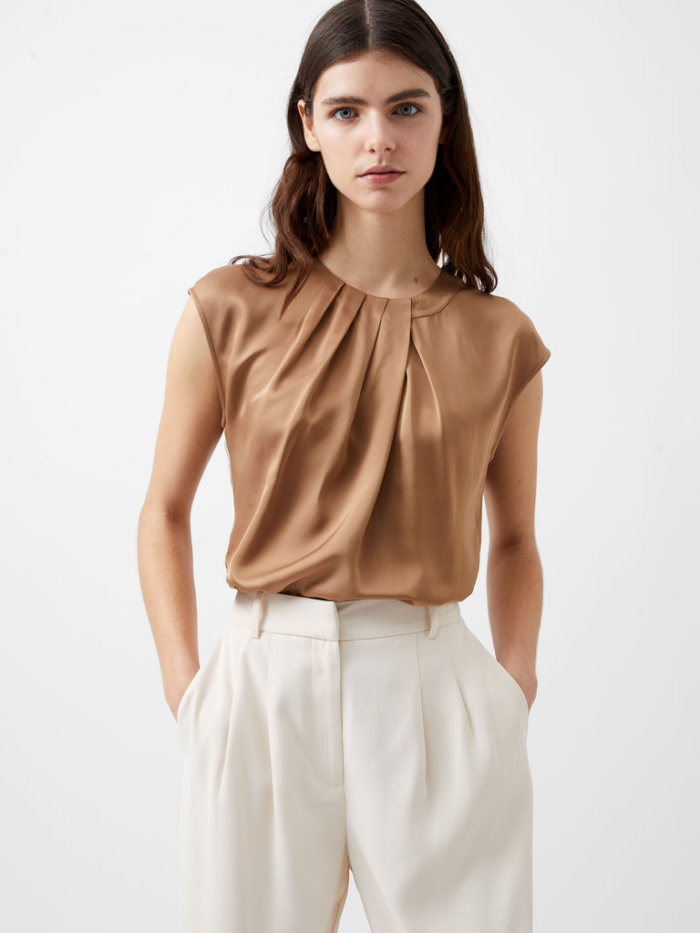 Ennis Eco Satin Neck Detail Top Camel | French Connection UK