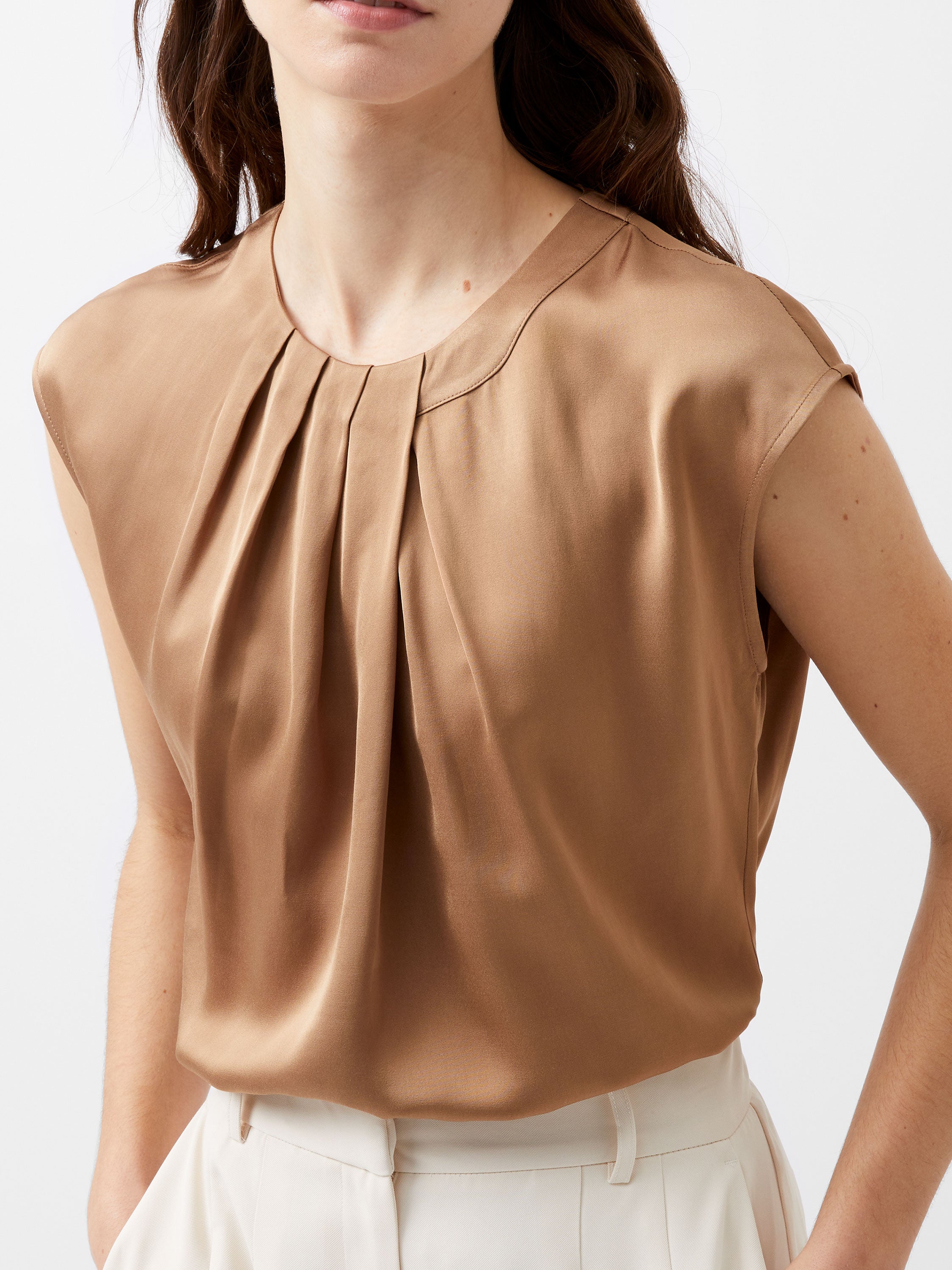 Ennis Eco Satin Neck Detail Top Camel | French Connection UK