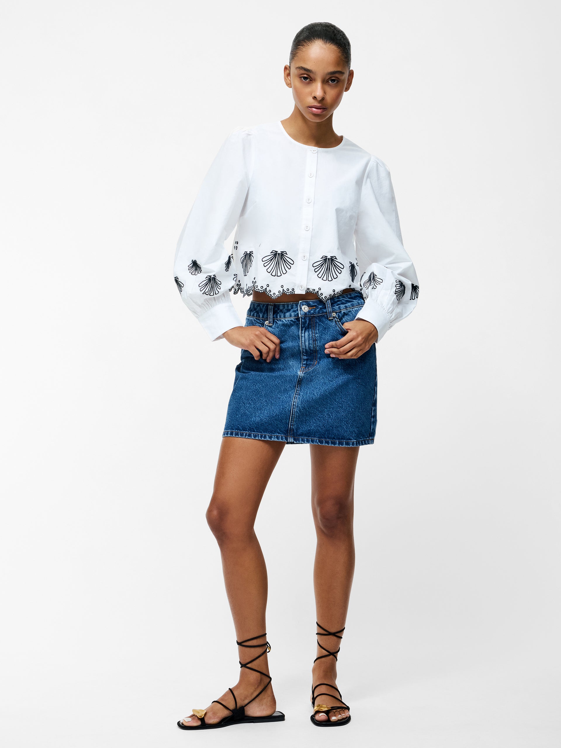 Cambria Cotton Embroidered Long Sleeve Shirt Linen White/Navy | French ...