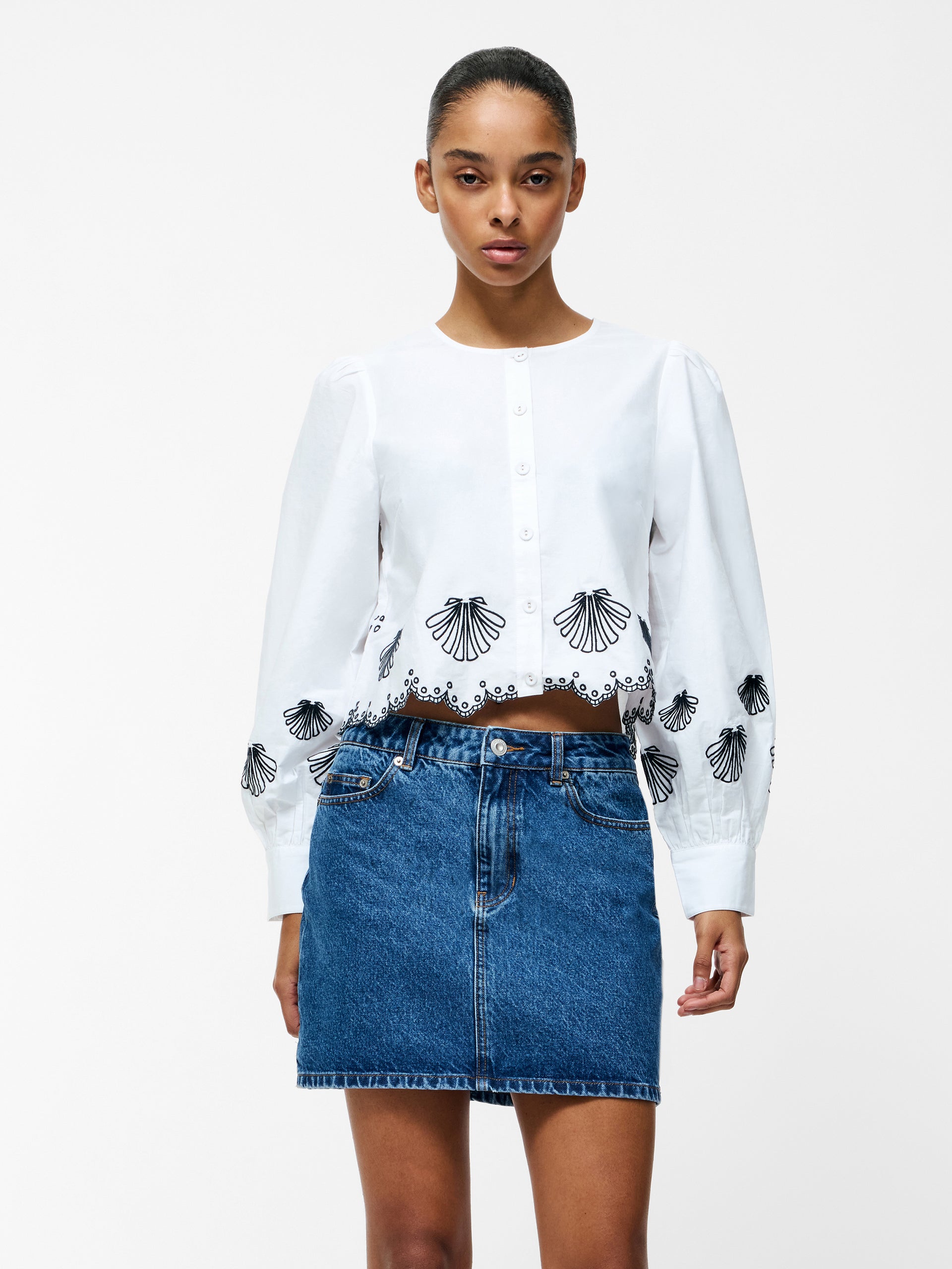 Cambria Cotton Embroidered Long Sleeve Shirt Linen White/Navy | French ...