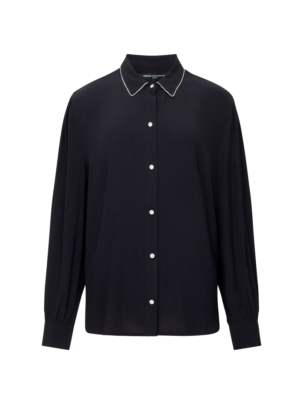 Lizzy Eco Crepe Diamante Collar Long Sleeve Shirt Black | French Connection UK