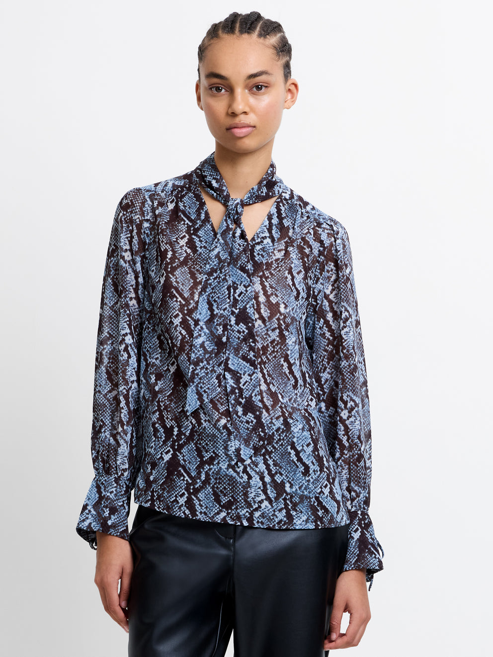 Snake Print Tie Neck Top Blue Multi | French Connection UK