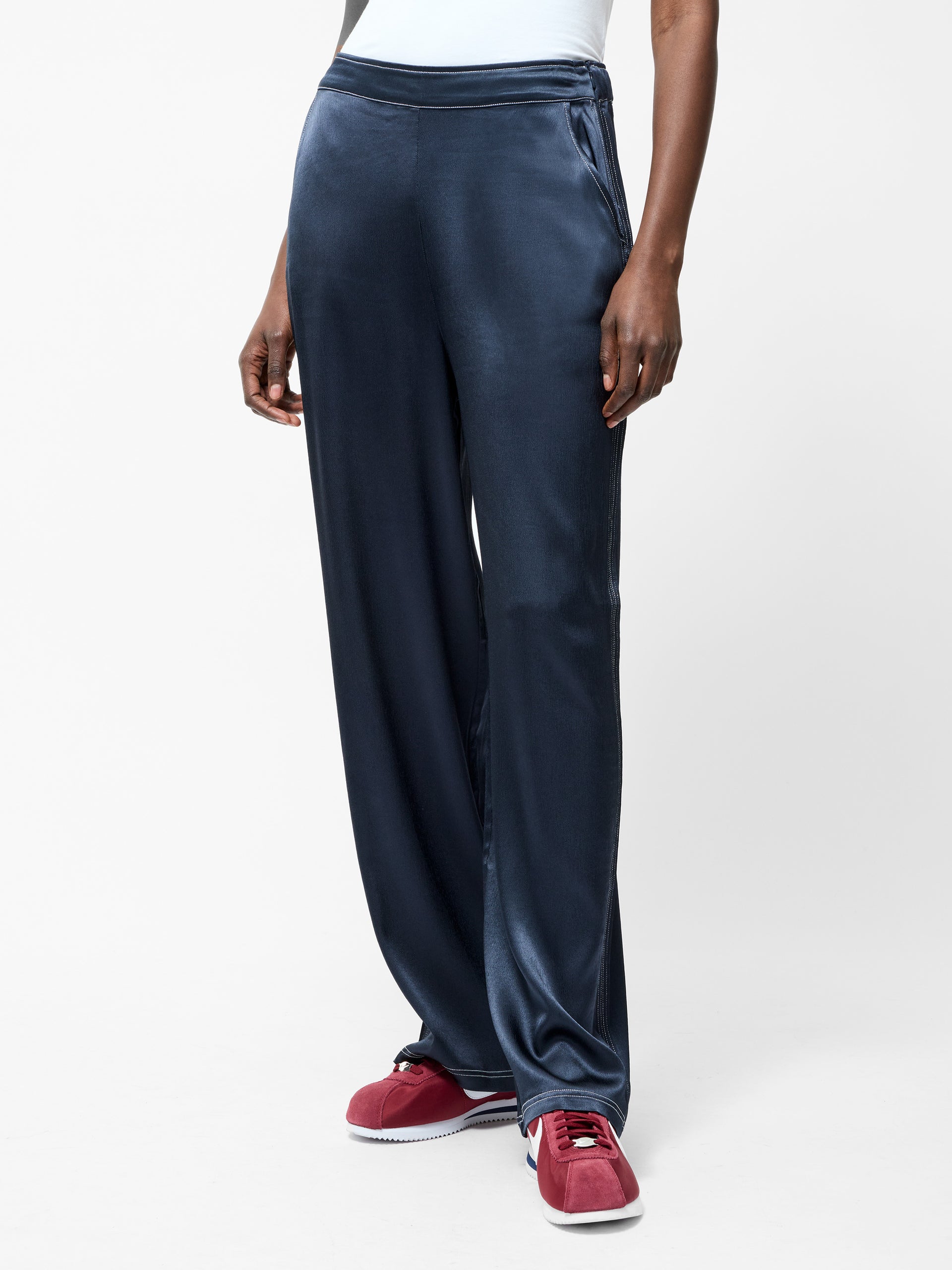Akita Satin Wide Leg Trousers Navy | French Connection UK