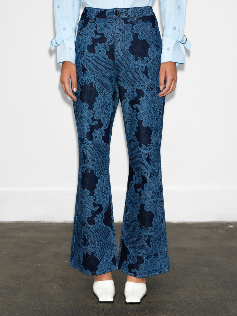 Jennie Denim Lace Print Flared Jeans Dark Indigo | French Connection UK