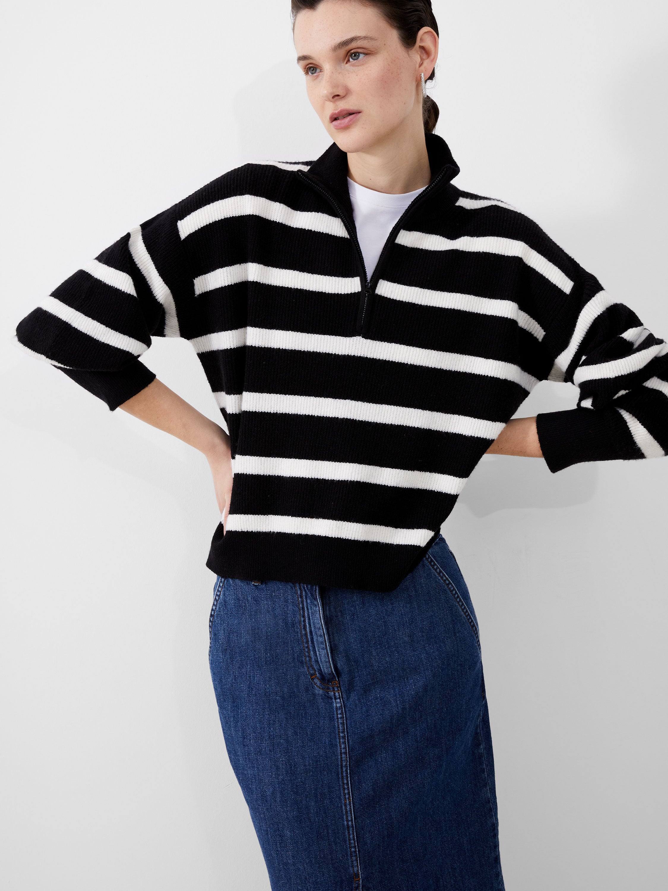 Vhari Recycled Stripe Half Zip Jumper Black/Winter White | French ...