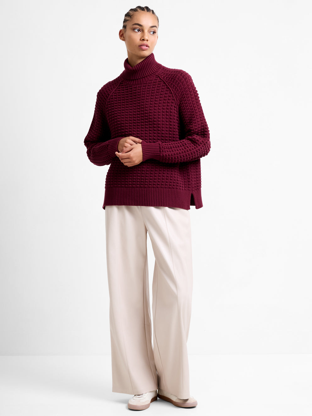 Keya Popcorn Knit Rollneck Jumper Bordeaux Red | French Connection UK