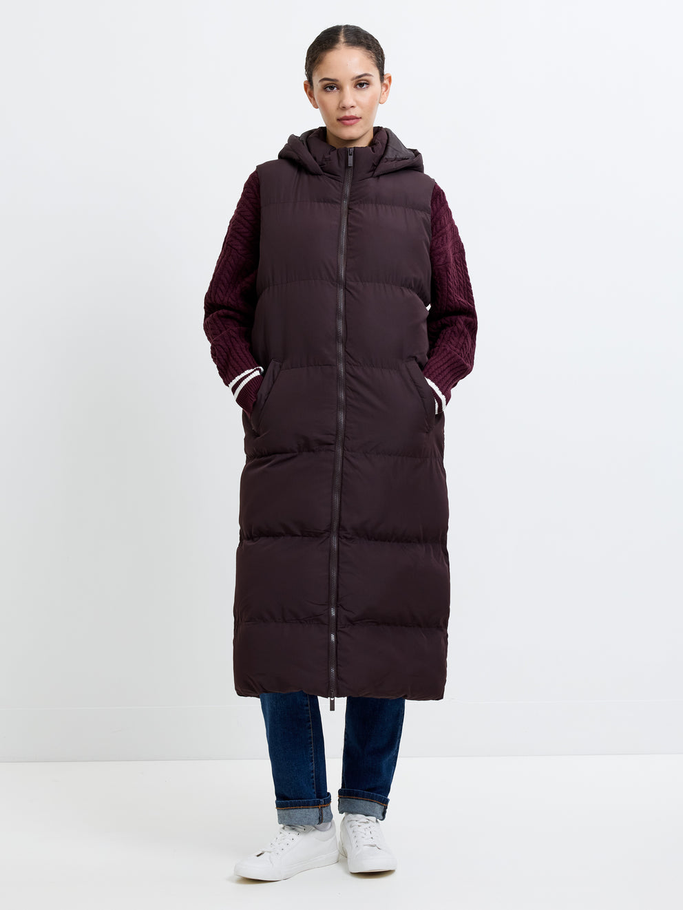 Hooded Puffer Row Gilet Chocolate Brown | French Connection UK