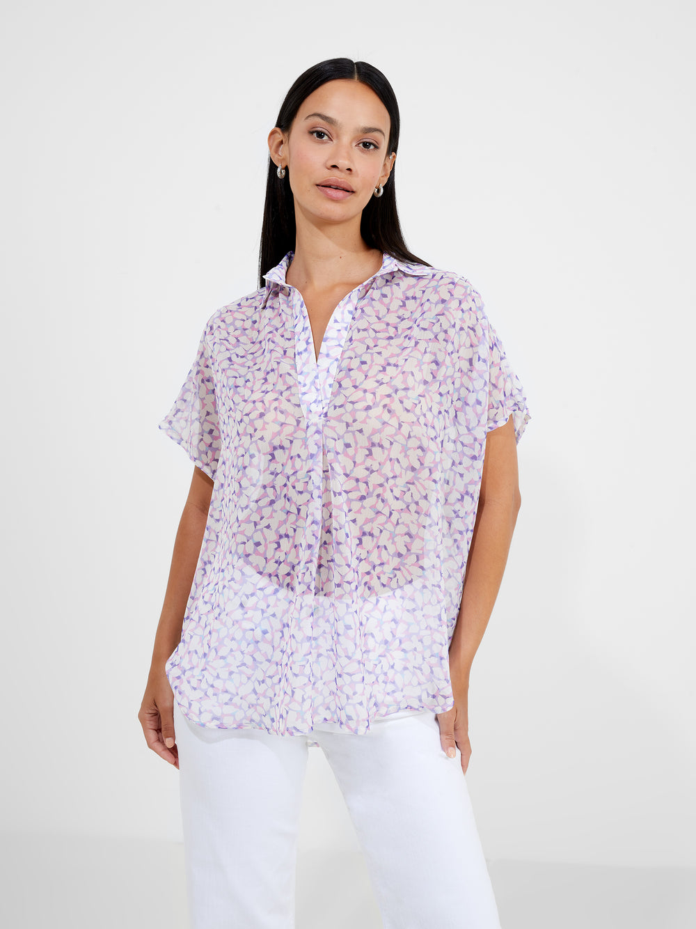 Vee Collar Print Popover Shirt Lavender Purple | French Connection UK