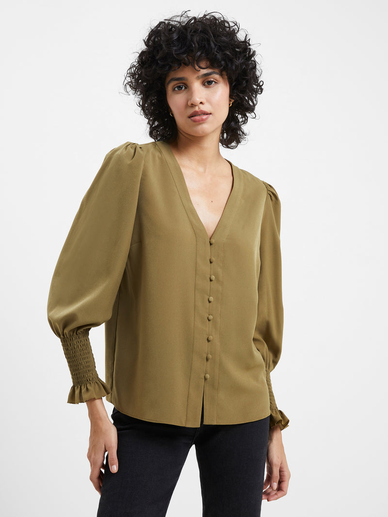 Crepe V-Neck Smocked Sleeve Blouse Nutria | French Connection UK Crepe V-Neck Smocked Sleeve Blouse Nutria | French Connection UK