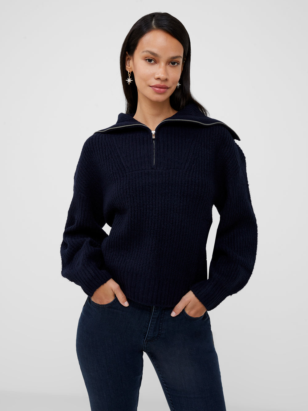 Mid Mix Rib Half Zip Jumper Dark Navy | French Connection UK
