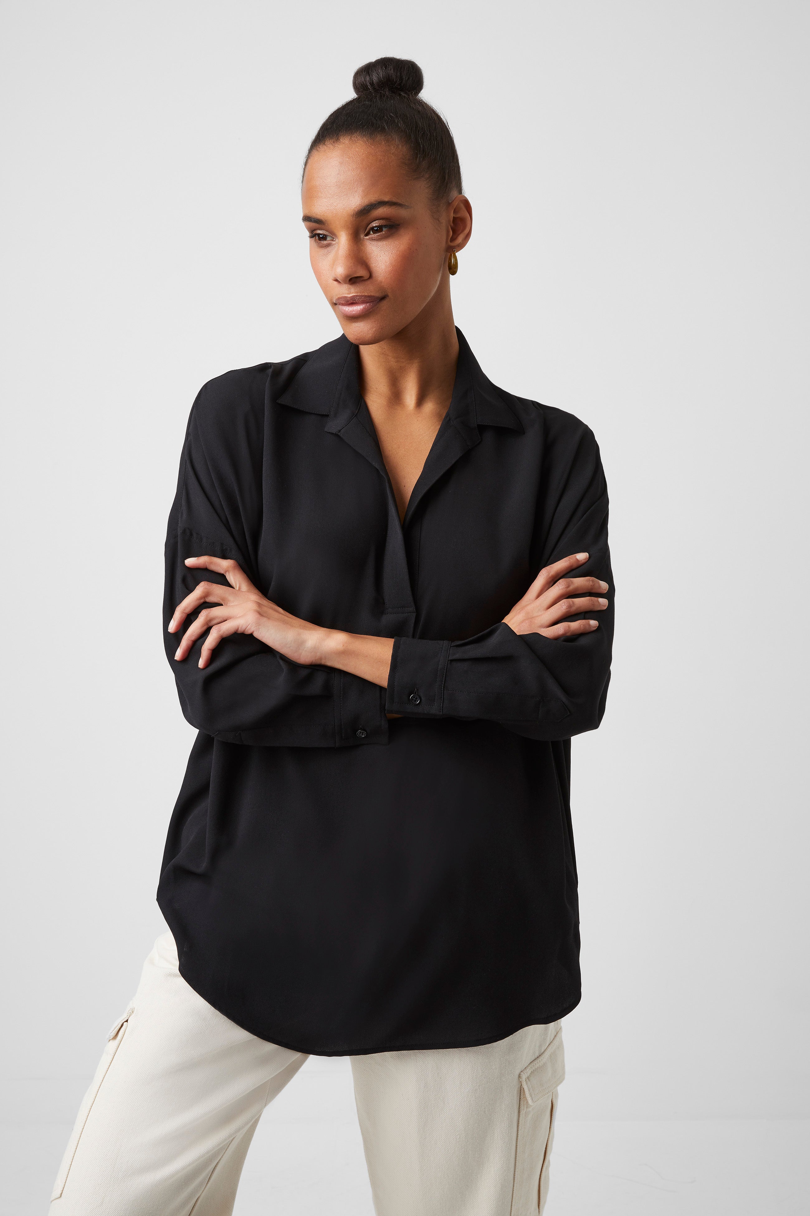 Rhodes Recycled Crepe Popover Shirt Black | French Connection UK
