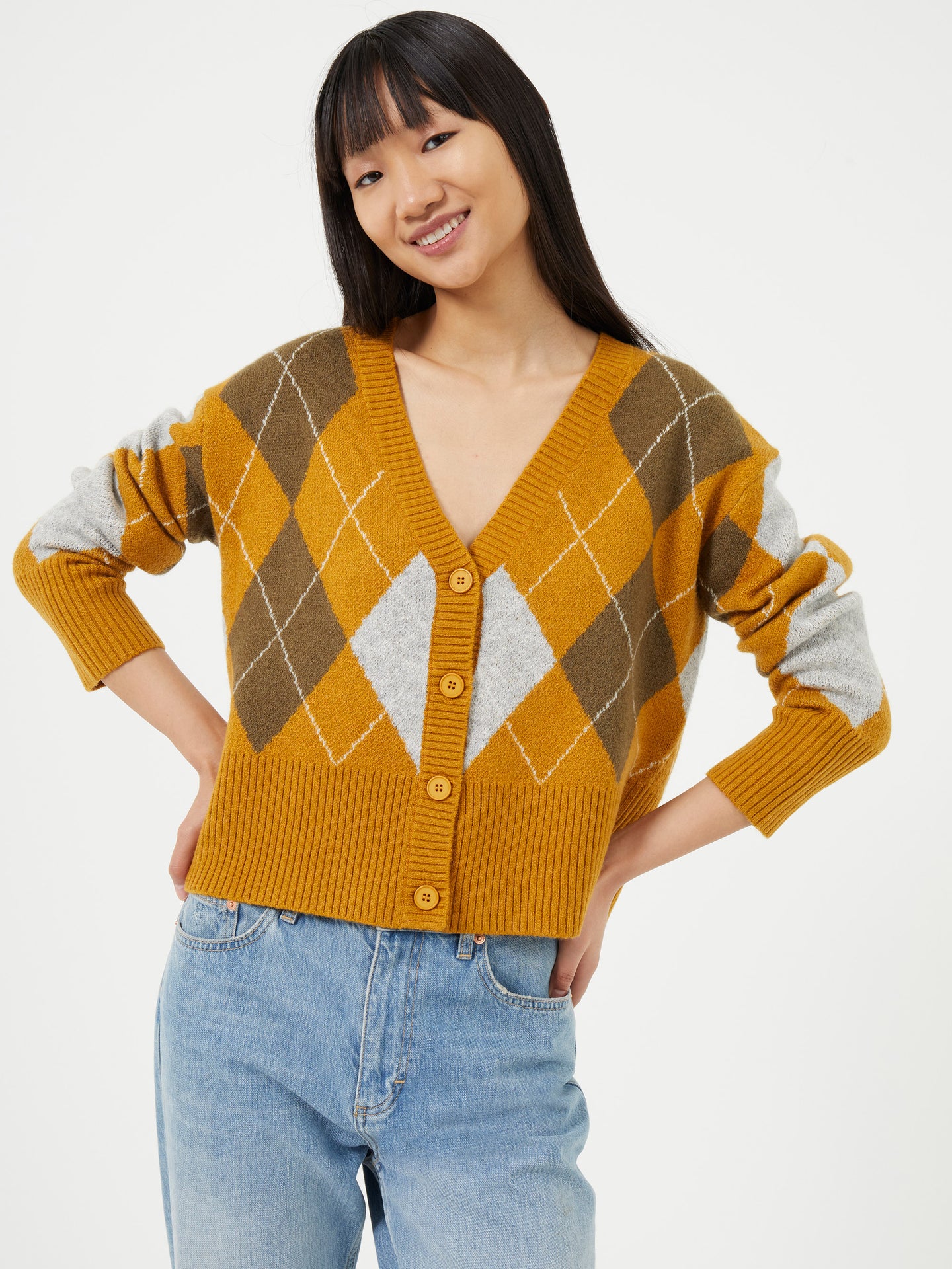 Lilija Babysoft Argyle Cardigan Gold/Grey Mel/Beech | French Connection UK